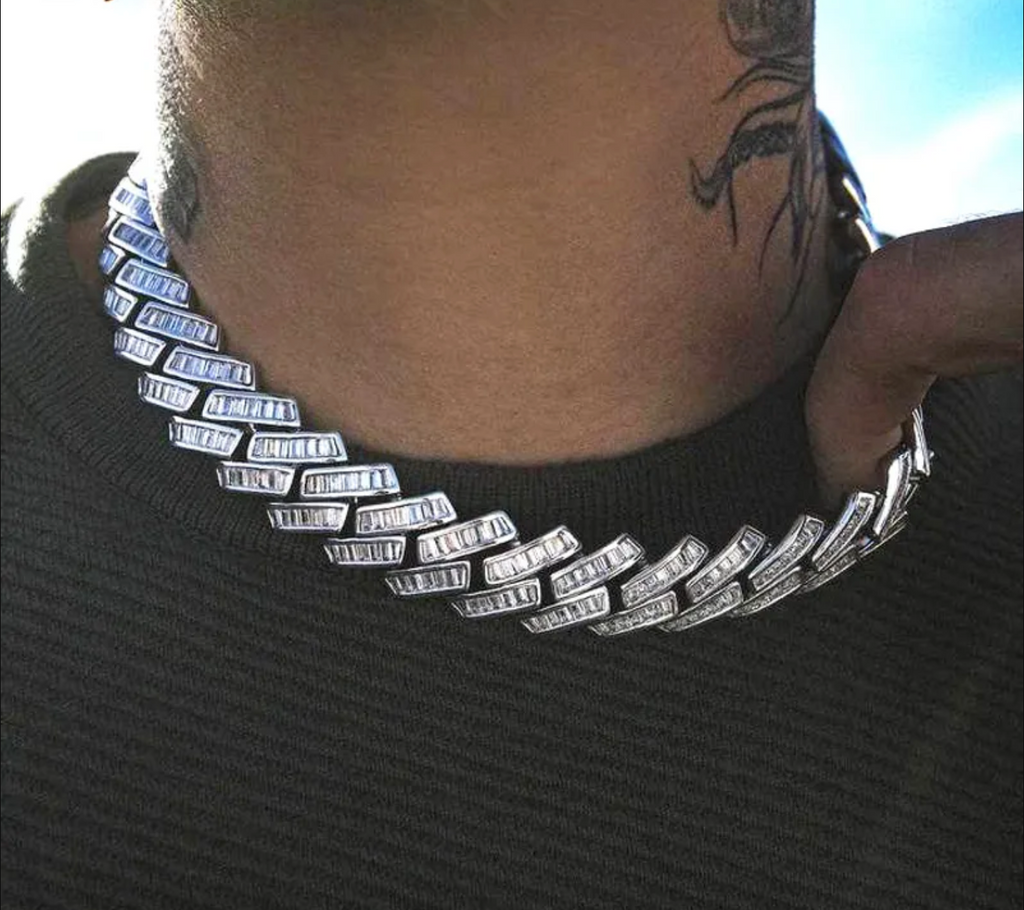 Premium 15mm Rhinestone Miami Cuban Link Chain in 14K White Gold Plati ...